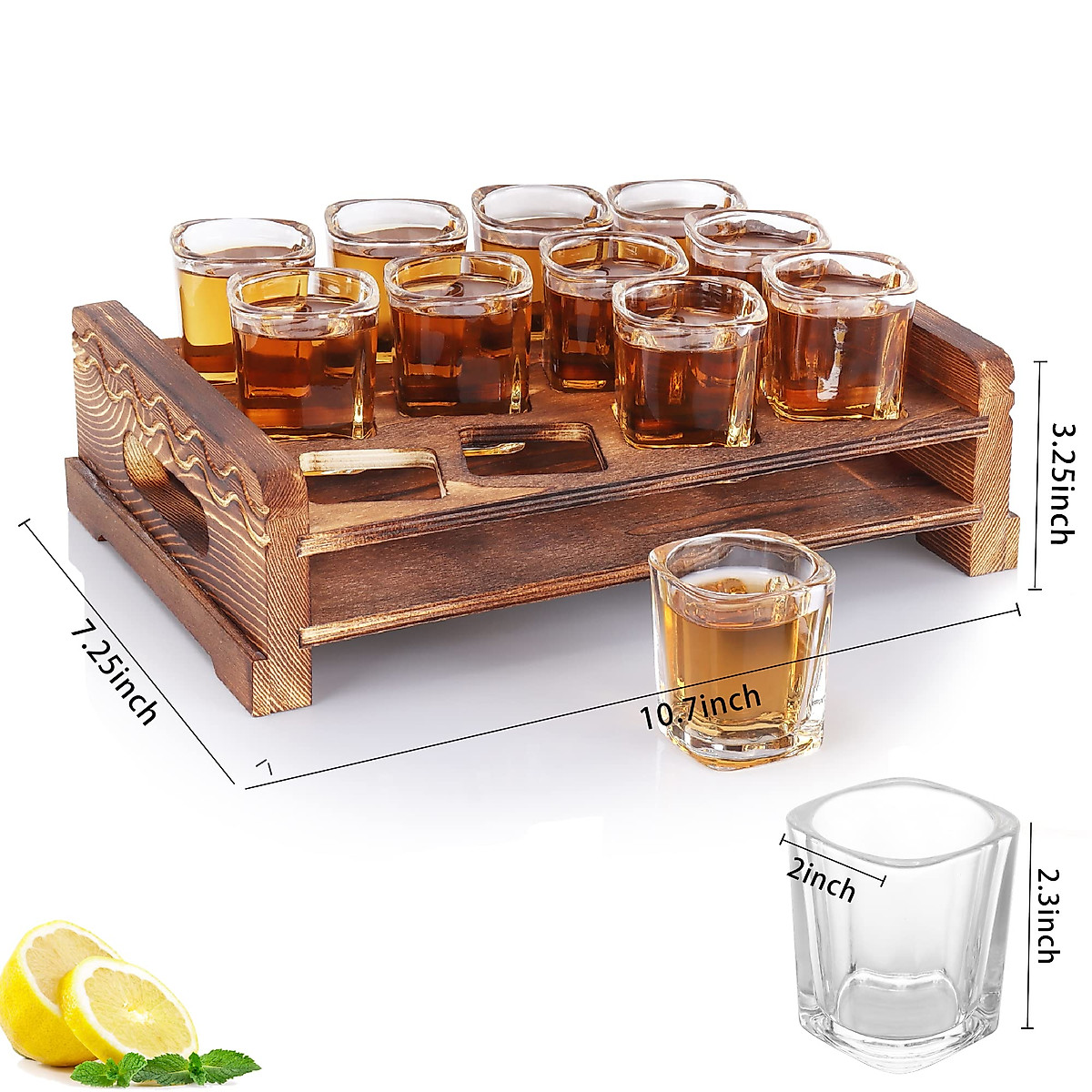 Vivimee Shot Glass Holder Set with 12 Clear Shot Glasses, 2.3 oz Square Shot Glasses Set with Rustic Burnt Wood Serving Tray, Crystal Shot Glass for Whiskey, Tequila, Liqueurs, Party & Collection