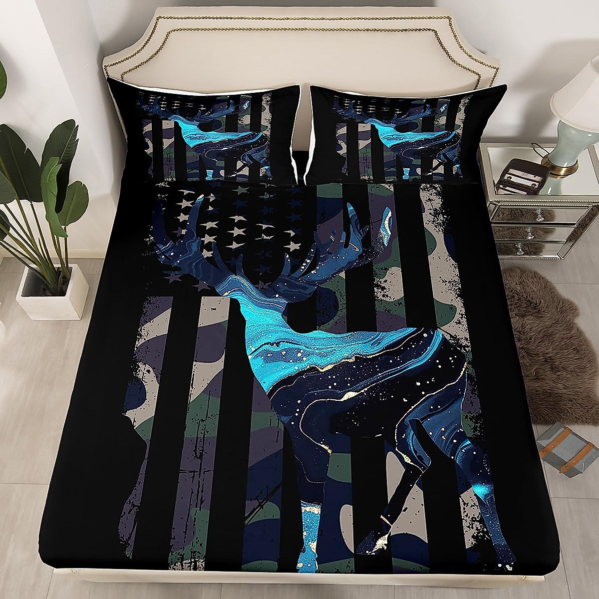 American Flag Deer Bed Sheets Set Twin Size, Deer Antler Forest Camo Sheet Set for Boys Girls Marble Teaxture Deer Sheets with Deep Pocket Fitted Sheet Deer Hunting Bedding Set with 1 Pillow Case