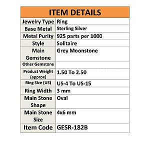 Goyal Jewels Grey Moonstone 4x6 mm Oval Shape Gemstone 925 Sterling Silver Solitaire Ring All Size Ring Beautiful Ring Hanmade Ring Jewelry GESR182B (US-9)