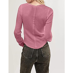 SAFRISIOR Women Casual Waffle Knit Crew Neck Top Patchwork Stitching Asymmetric Hem Long Sleeve Slim Fit T-Shirt Tee Shirt Pink Purple