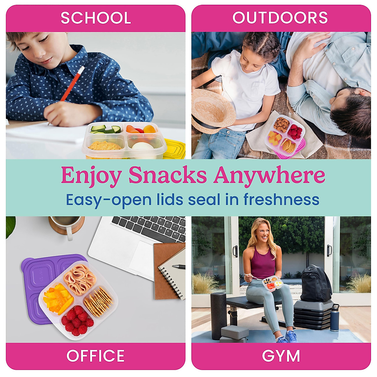 EasyLunchboxes® - Bento Snack Boxes - Reusable 4-Compartment Food Containers for School, Work and Travel, Set of 4, Brights