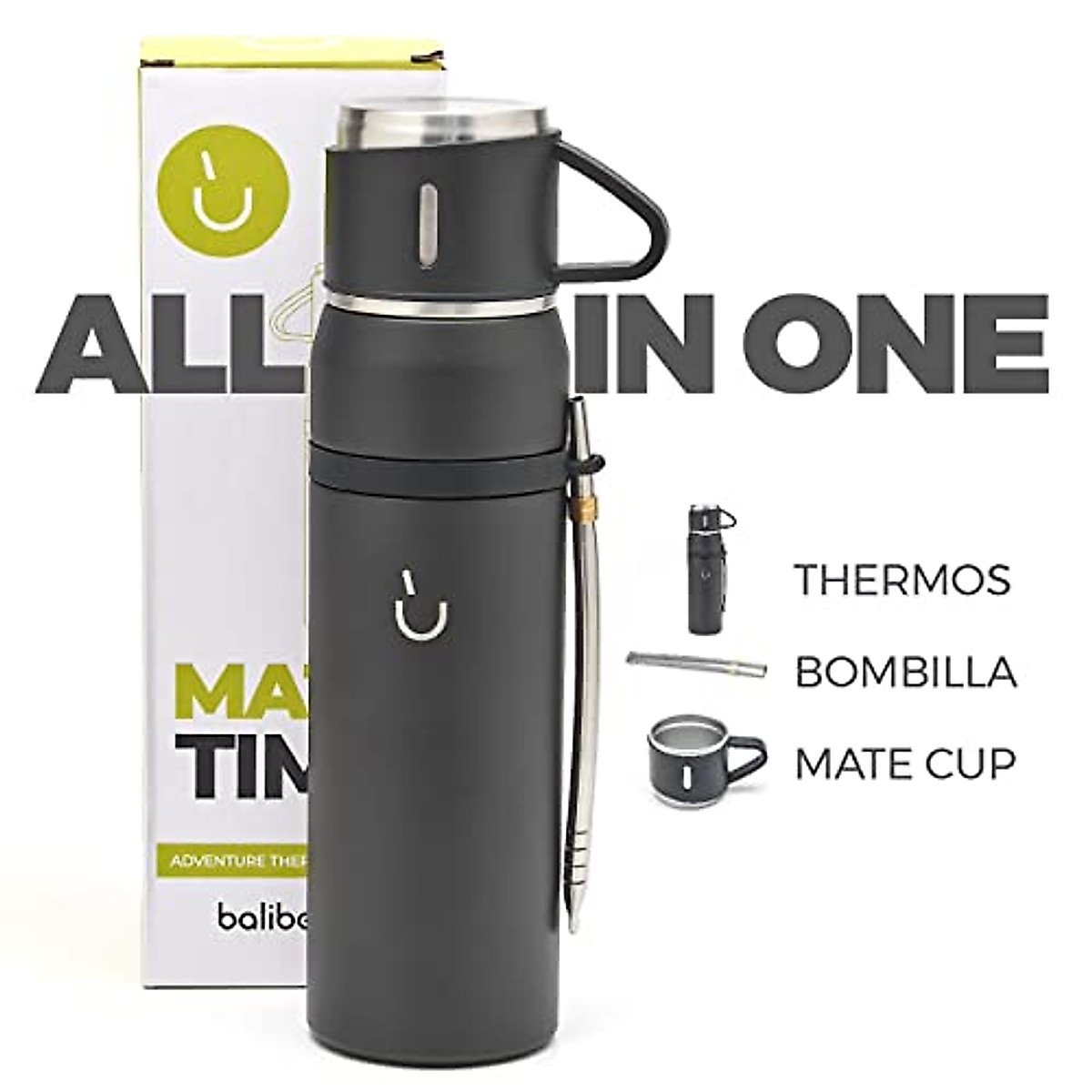 BALIBETOV Camping Thermos for Mate - Vacuum Insulated With Double Stainless Steel Wall- A Mate Thermos Specially Designed as Mate Argentino Kit that includes Bombilla and Mate Cup (Black)