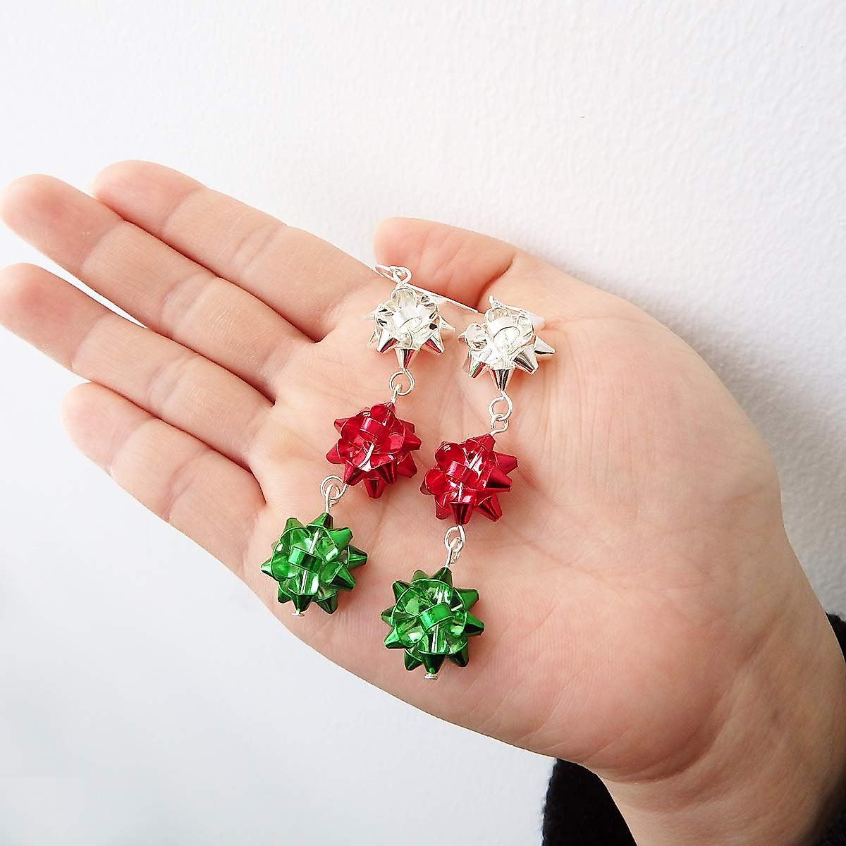 Christmas Bows Flower Piercing Dangle Earrings Red Green White Silver Plated Women Holiday