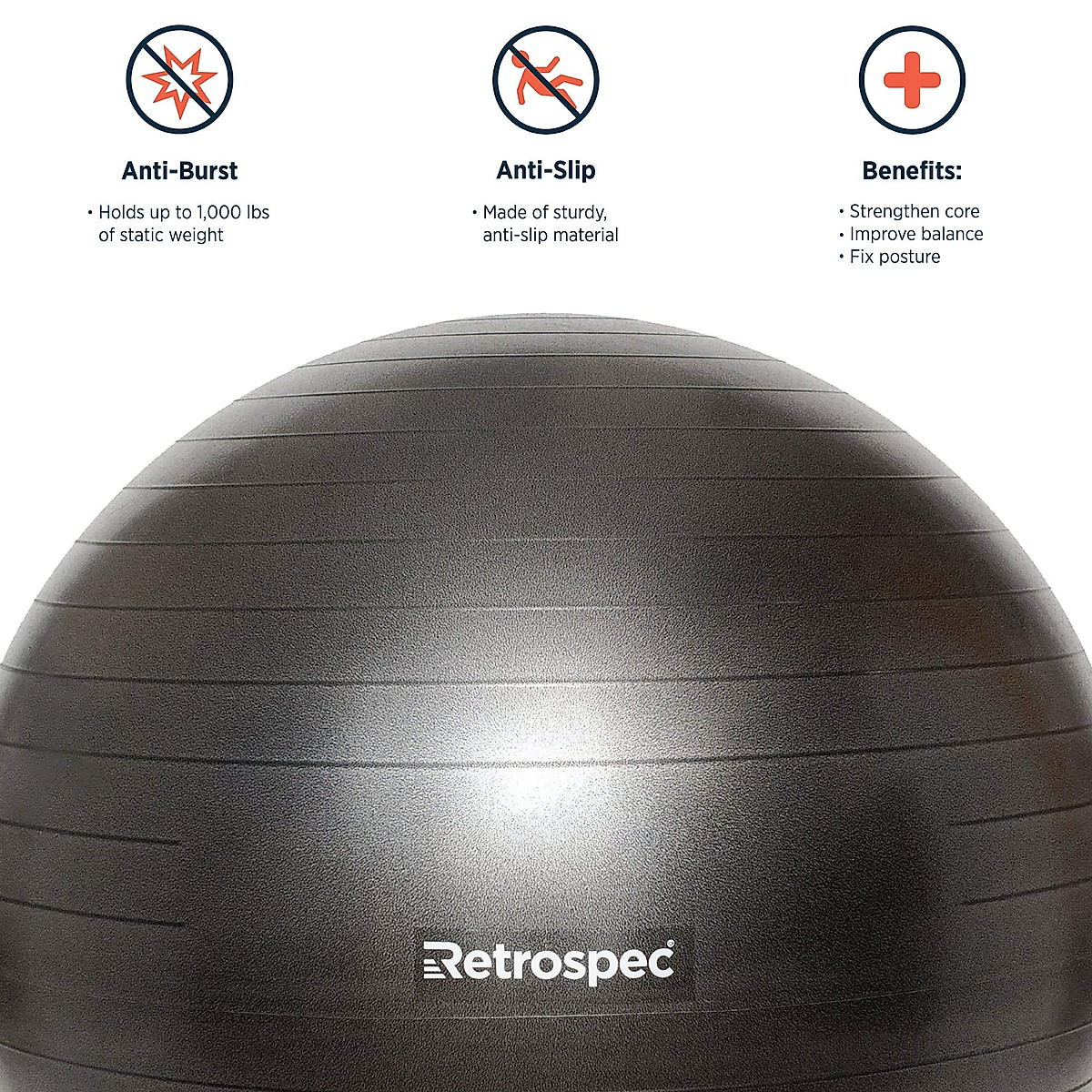 Retrospec Luna Exercise Ball, Base & Pump with Anti-Burst Material, Perfect for Balance, Stability, Yoga & Pilates