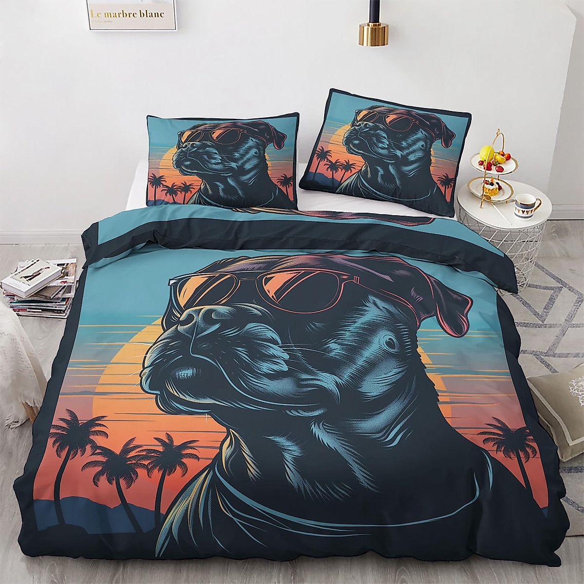 AopGlyvyr Pitbull Duvet Cover King Size, Cool Dog Comforter Cover, Palm Tree Bedding Set, Breathable Duvet Cover with Zipper Closure, 3 Pieces, 1 Soft Duvet Cover & 2 Pillowcase