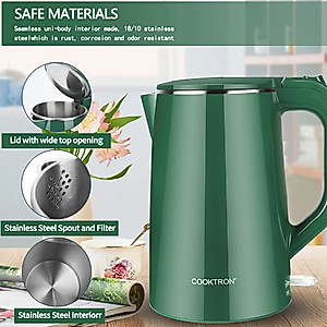 COOKTRON 1.7L Electric Kettle Quiet, Double Wall Hot Water Boiler BPA-Free, Quiet Boil and Cool Touch Tea Kettle, Cordless with Auto Shut-Off & Boil Dry Protection, 1500W Fast Boiling, dark green