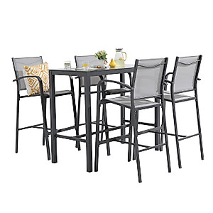 OC Orange-Casual 5-Piece Patio Bar Set, All-Weather Aluminum Textile Fabric Outdoor High Top Dining Table and Chairs, 4 Metal Bar Height Stools with Glass Top Bar Table, for Porch, Garden, Dark Grey