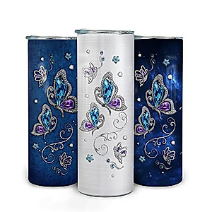 Wassmin Personalized Butterfly Skinny Tumbler Customized Stainless Steel Vacuum Insulated Tumbler With Lid 20 Oz Double Walled Insulated Coffee Cup for Gym Fitness Travel Office Use For Women