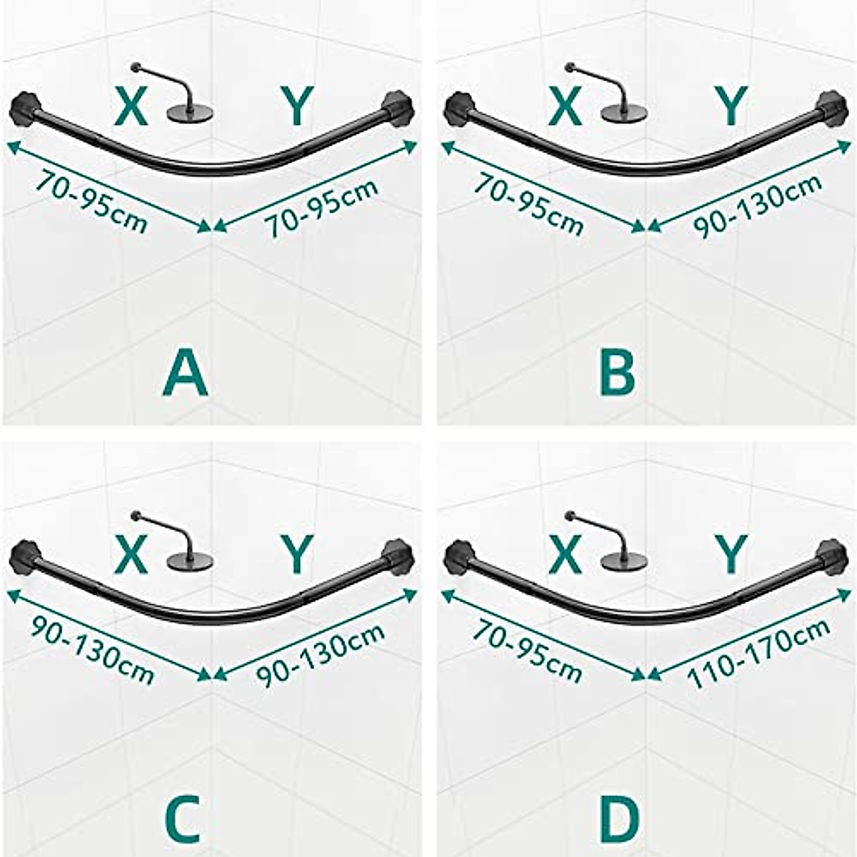 Shower Curtain Rail L Shaped Curved Shower Curtain Rod, For Bathtub, Closet, Doorway, 304 Stainless Steel, Including Fittings, Black (90-130cm/90-130cm)