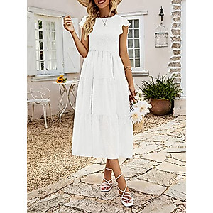 MEROKEETY Women's Summer Dresses for Women 2022 Swiss Dot Crew Neck Smocked Midi Dress,White,S