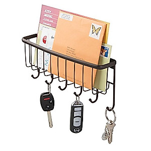 InterDesign Axis Mail Holder and Key Rack – Wall Mounted Letter Organizer and 6 Key Hooks, Bronze
