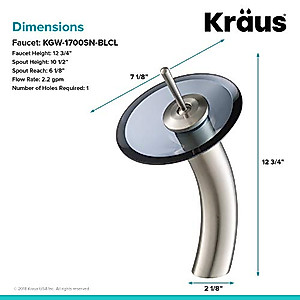 KRAUS Tall Waterfall Bathroom Faucet for Vessel Sink with Clear Black Glass Disk, Satin Nickel KGW-1700SN-BLCL