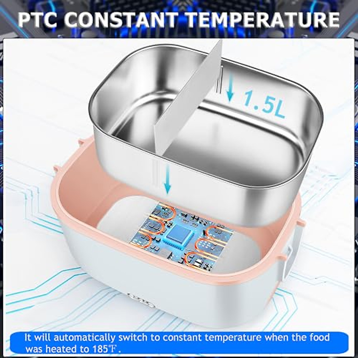 CTSZOOM Electric Lunch Box - 80W Heated Lunch Box 1.5L 4 in1 Portable Food Warmer with Detachable Dividers for Car/Truck/Office 12V/24V/110V, Leakproof Lunch Heater (Chambray)