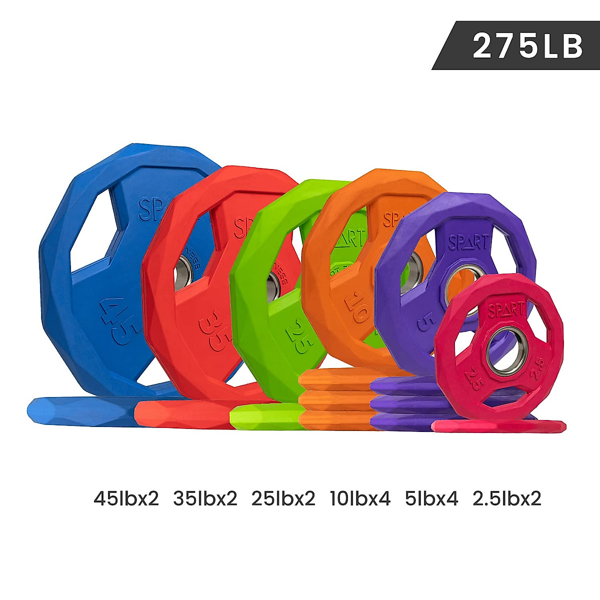 SPART Color Coded Weight Plate 2-Inch Rubber Coated Olympic Grip Plate for Barbell,Solid Cast Iron Weight Plates for Strength Training,Weightlifting,Crossfit,Home Gym, 275LB Combo