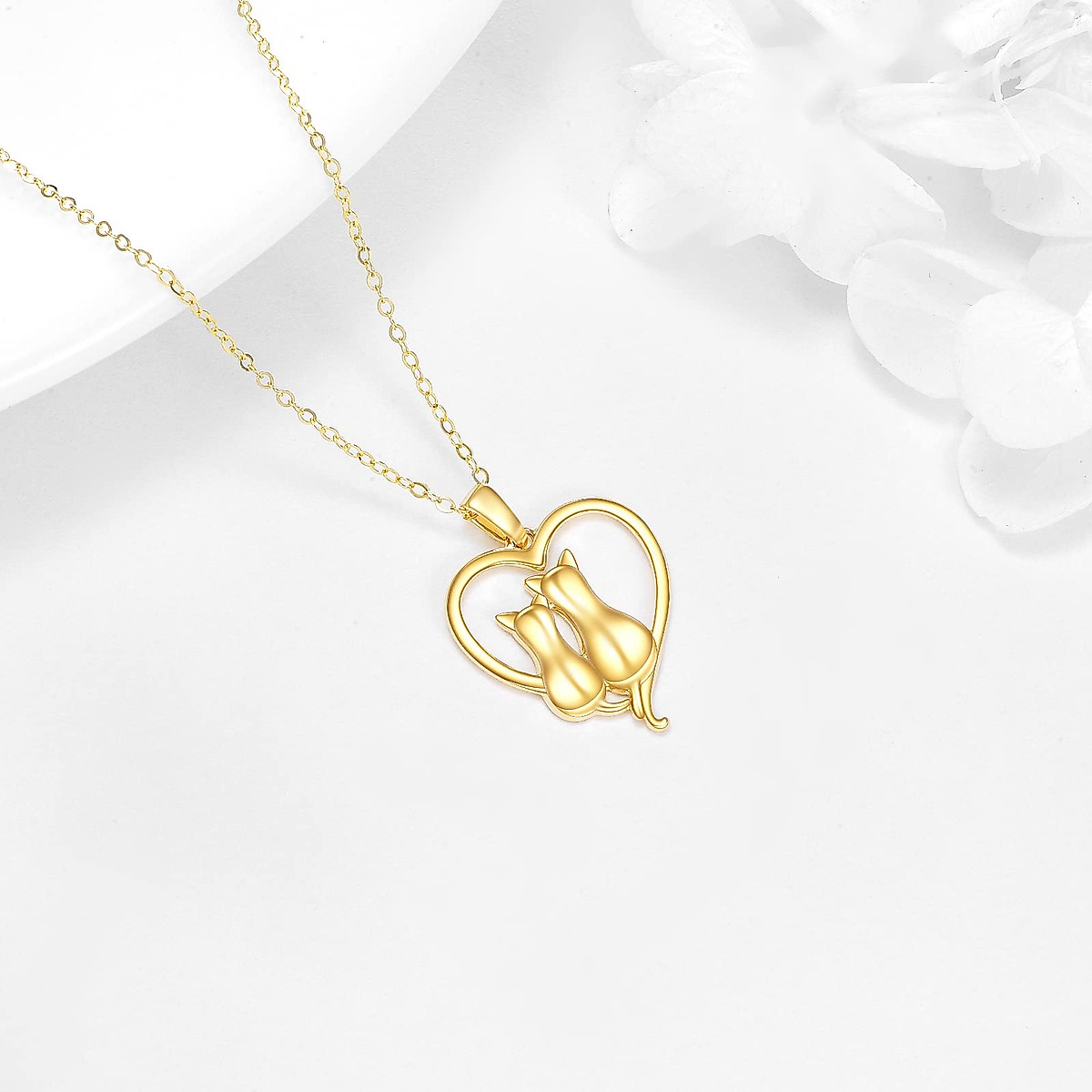 KECHO Gold Cat Necklace for Women 14K Gold Love Heart Cat Pendant Necklace Fine Gold Cats Jewelry Christmas Gifts for Girlfriend Mother Her (A style-double cat necklace)