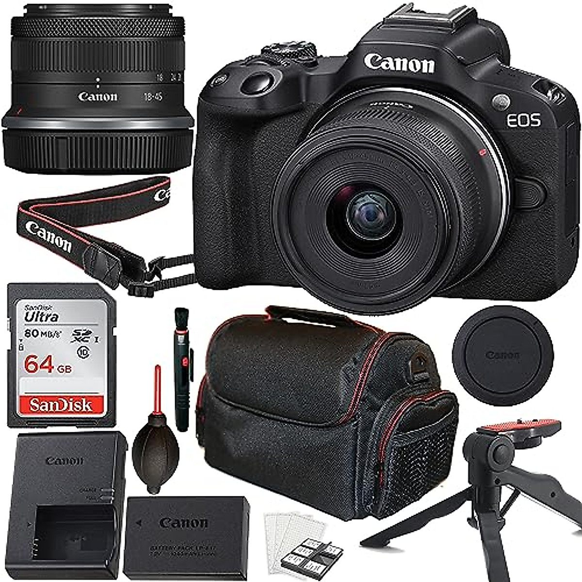 Canon EOS R50 Mirrorless Camera with RF-S 18-45mm f/4.5-6.3 is STM Lens + 64GB Memory Card + Tripod + Case & More