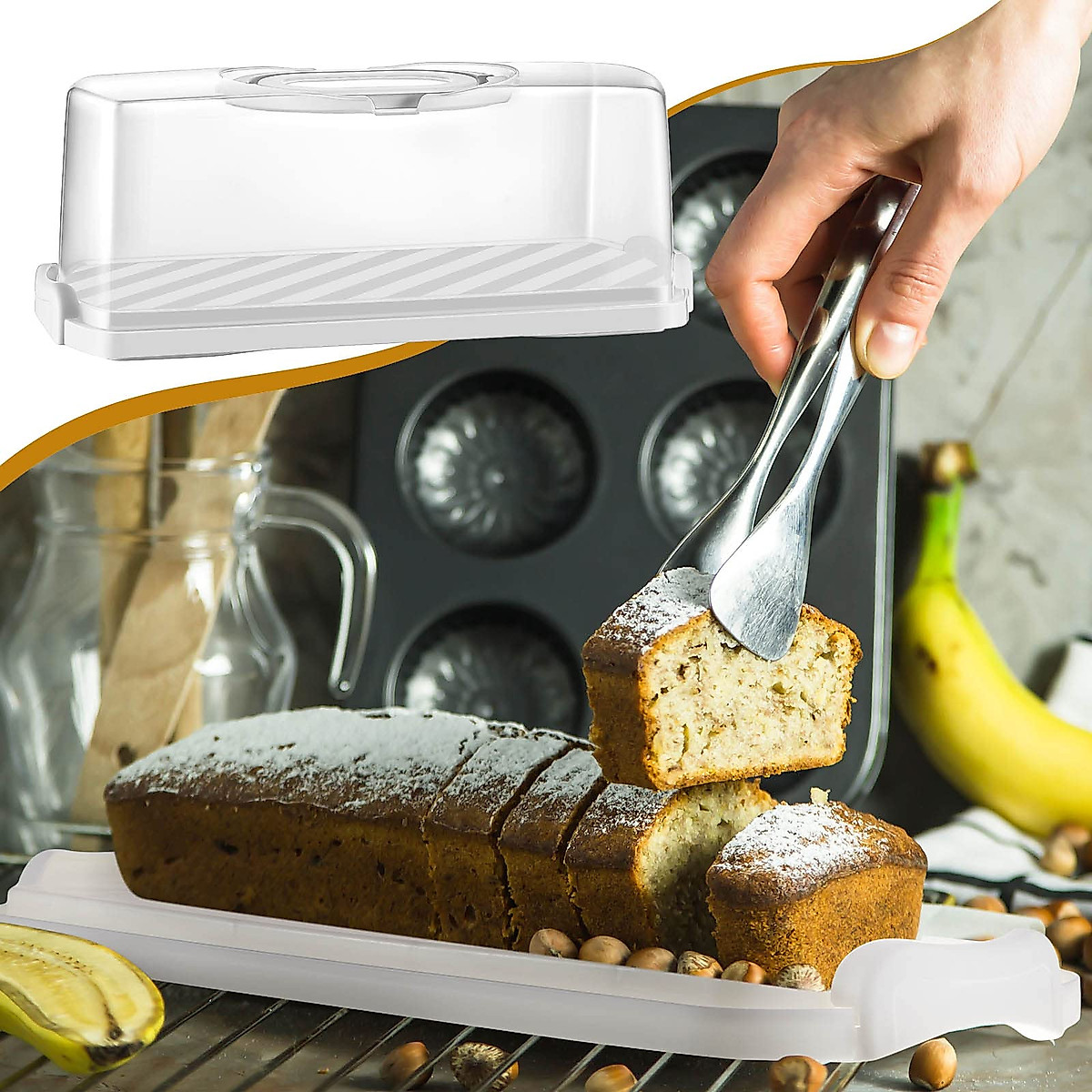 Tessco 4 Pieces Portable Bread Box with Clear Lid and Handle, Plastic Bread Keeper Rectangular Loaf Cake Containers for Carrying and Storing Loaf Bread Pastry Food Banana Pumpkin Bread, 4 Colors