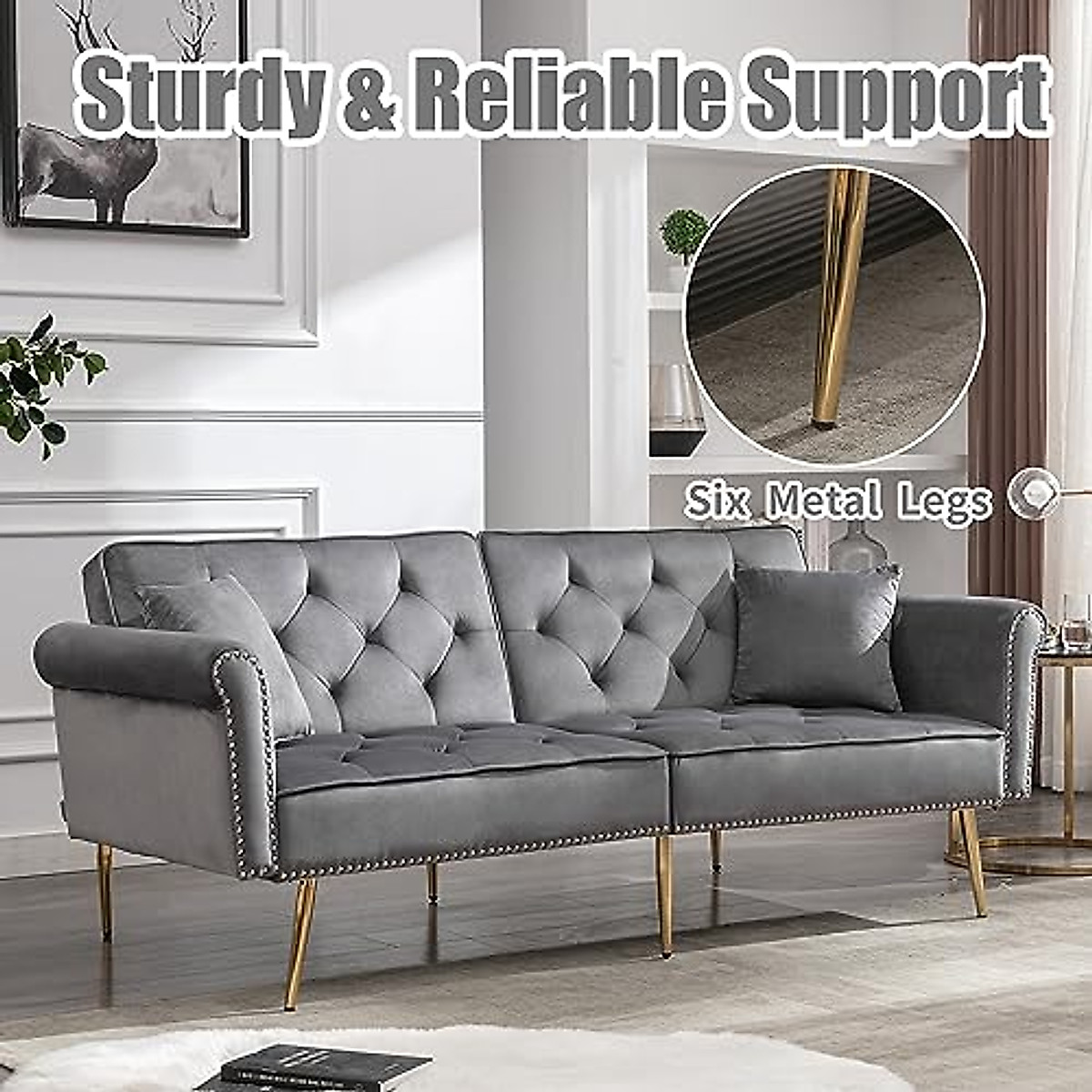 civama Futon Sofa Bed, Velvet 76" Twin Size Couch with 2 Pillows, Convertible 3-Seater 3 Adjustable Angle Tufted Sleeper with Nailhead Trim, Golden Metal Legs Folding Futon for Living Space, Gray