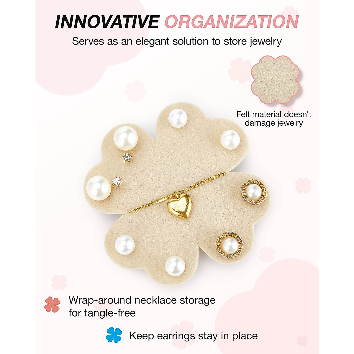 BAGSMART Travel Jewelry Organizer Case,Portable Storage Bag for Travel,Jewelry Pouch for Tangle-Free Necklaces, Earrings,Rings,Bracelet,Small,4pc Pink&Black with 4 Clover