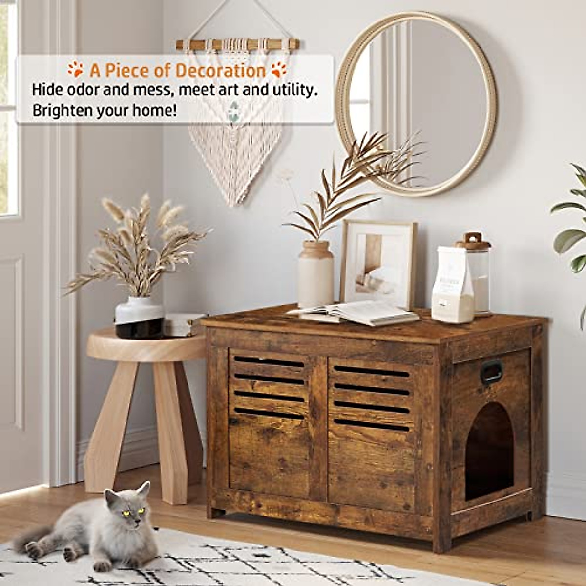 DINZI LVJ Litter Box Furniture, Flip Top Hidden Cat Washroom with Louvered Window, Entrance Can Be on Left/Right Side, Enclosed Cat Litter House Side Table for Most of Cat and Litter Box, Rustic Brown