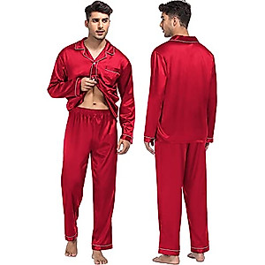 SWOMOG Womens Silk Satin Pajamas Set Long Sleeve Sleepwear Button-up Pjs Gifts Nightwear 2pcs Loungewear Red
