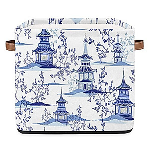 Storage Cube Bins Chinoiserie Vintage Pagodas Tree Large Collapsible Storage Basket with Handle Decorative Storage Boxes for Toys Organizer Closet Shelf Nursery Kid Bedroom,13x13x13