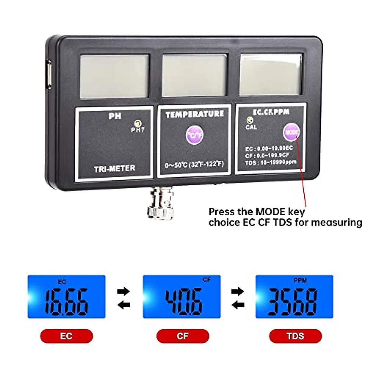 6-in-1 EC CF MV Water Quality Tester, -116 Water Quality Monitor Multi Parameter Meter for Aquariums Hydroponics (110V US Plug)