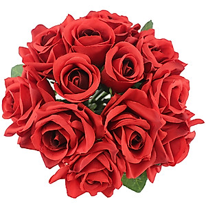Artificial Silk Rose Flower,12 Pcs Real Looking Fake Roses with Stems, for Wedding Bouquets DIY Home Party Decoration Garden Background Decor (Red)