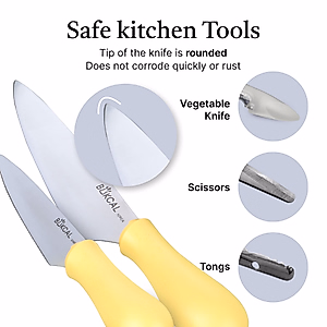 BUKCAL CUTE 5-Piece Kitchen Knife Set with Block (Knives, Shears, Tongs), Stainless Steel Kitchen Set, Ergonomic Handle, Water-Drop Shape Design