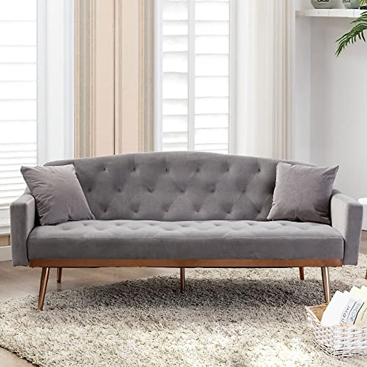 NOSGA Velvet Sofa, Convertible Loveseat Accent Sofa with Two Pillows, Modern Sleeper Sofa Couch Rose Gold Metal Feet for Living Room, Bedroom (Grey)