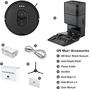 roborock Q5 Max+ Robot Vacuum with Self-Empty Dock, Upgraded from Q5+, 5500 Pa Suction, DuoRoller Brush, Hands-Free Cleaning for up to 7 Weeks, PreciSense LiDAR Navigation, App & Voice Control
