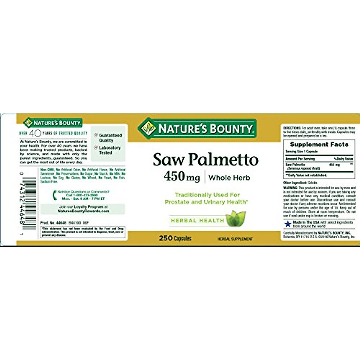 Nature's Bounty Saw Palmetto Support for Prostate and Urinary Health, Herbal Health Supplement, 450mg, 250 Capsules