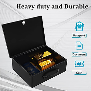 Dalmbox Portable Metal Safe Box with Key Lock - Fire Resistant Storage for Documents, Car, Home and Outside - X Large 13.2"x 11"x 5.1" Black Box