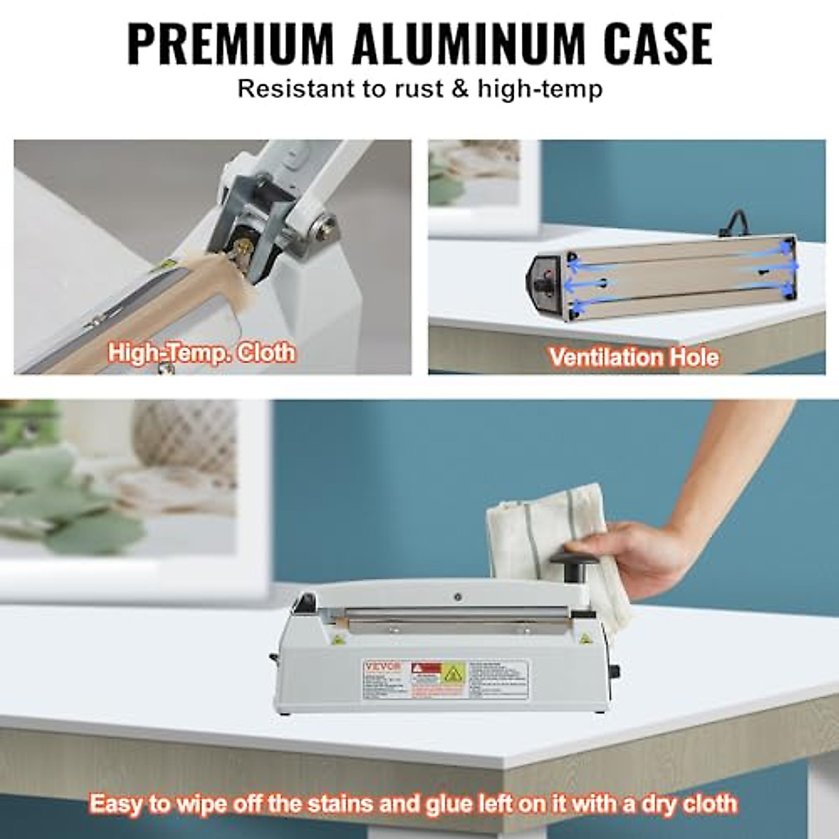 VEVOR Impulse Sealer 8 inch, Manual Heat Sealing Machine with Adjustable Heating Mode, Aluminum Shrink Wrap Bag Sealers for Plastic Mylar PE PP Bags, Portable Poly Bag Sealer with Extra Replace Kit