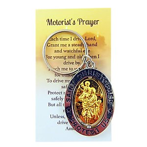 St Christopher Metal Keychain Travel Saint Key Ring with Motorist Prayer Holy Card Set