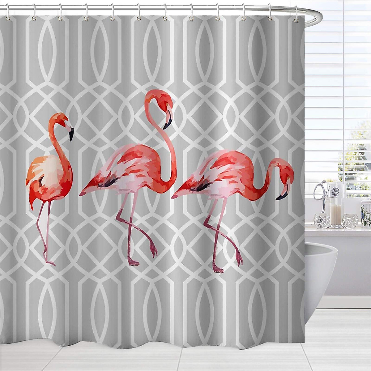 BROSHAN Flamingo Shower Curtains for Bathroom, Elegant Pink Bird Animal Geometric Art Decor Shower Curtain Gray and White 72x72 Inch, Modern Fabric Bathroom Decor Shower Curtain Set