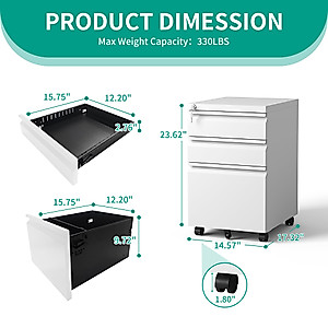VIYET 3 Drawers Mobile File Cabinet, Rolling File Cabinets Fully Assembled Under Desk, Metal Filing Cabinet with Lock for Home Office Organizer Letters/Legal/A4 (White)