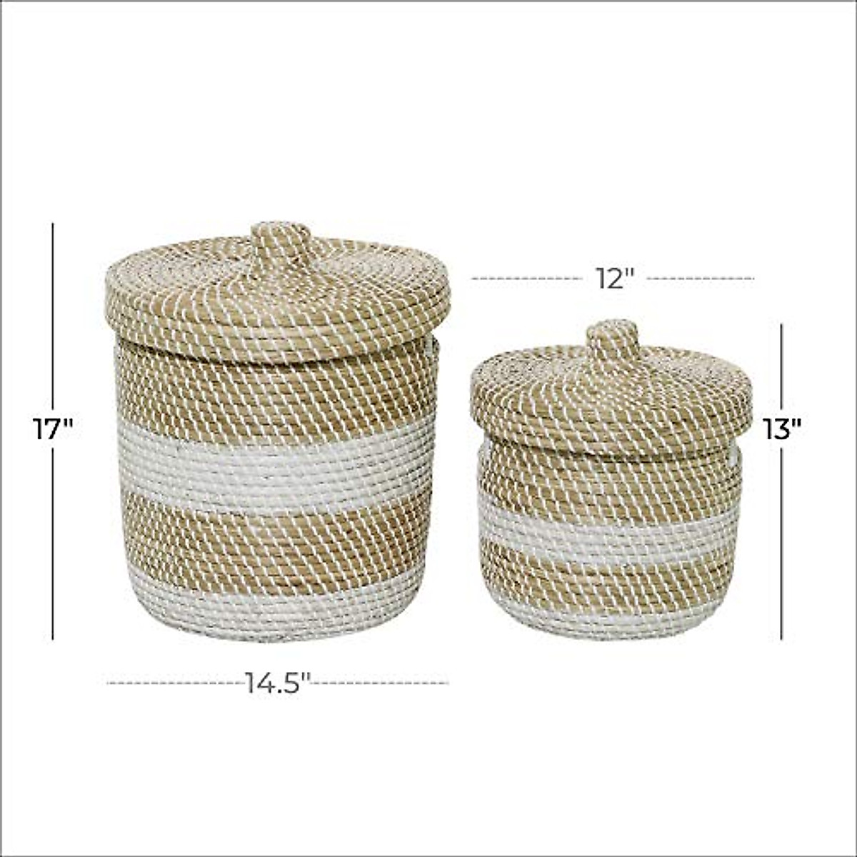 Deco 79 Seagrass Handmade Two Toned Storage Basket with Matching Lids, Set of 2 13", 17"H, Brown