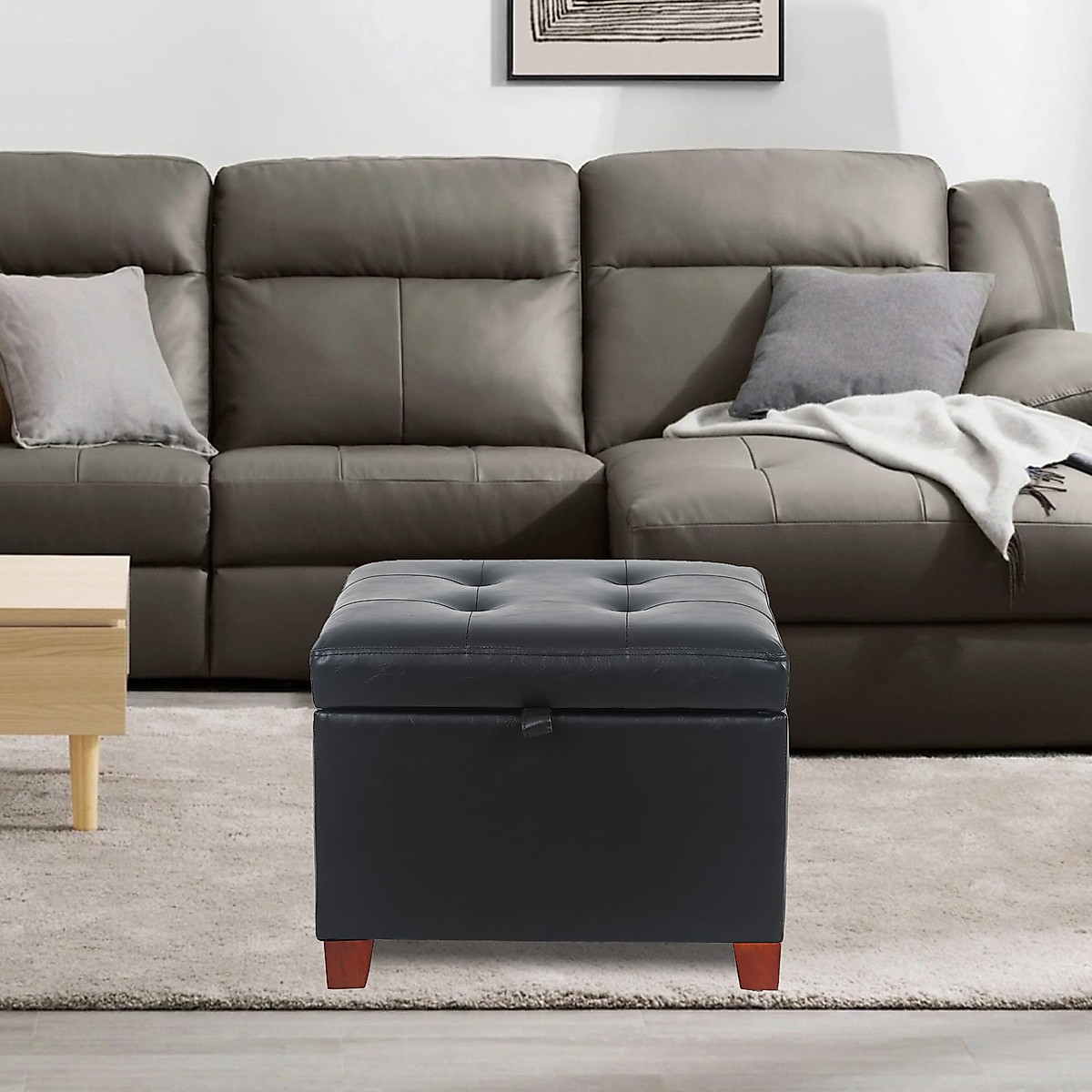 Asense 17 Inch Square Storage Ottoman,Small Foot Rest Stool for Couch, Faux Leather Upholstered Footstool Cube for Entryway Bedroom Living Room, Black