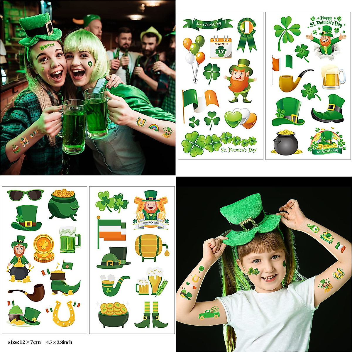 XIYOKA 140+ Pcs St Patricks Day Tattoos, 34 Sheets Unique St. Patrick's Day Tattoos Stickers, Shamrock Green Temporary Tattoos, Lucky Clover Tattoos for Kids Party Favors Accessories Irish Party