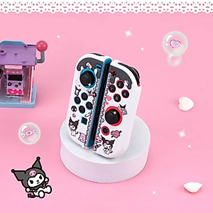 Eamily Cute Kuromi Case Compatible with Nintendo Switch OLED, Dockable Case Cover, Ergonomic Soft TPU Grip Case for Joycon, Sparkle Skin Set