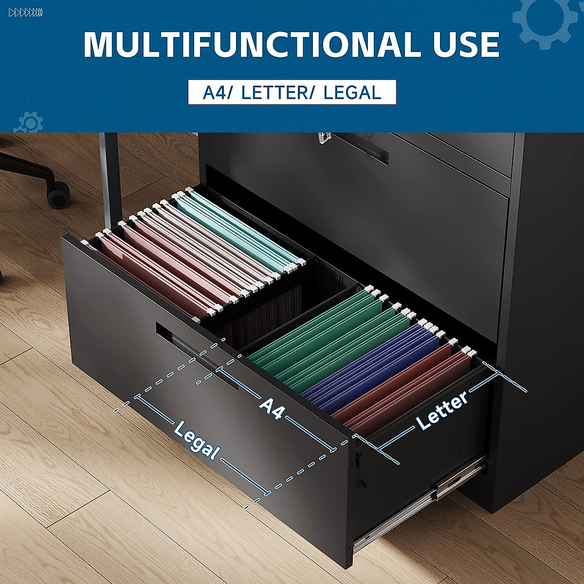 PEUKC 2-Drawer Metal File Cabinet, Lateral Vertical Filing Cabinets for Home Office, Locking File Cabinet with Storage Shelves, Legal/Letter/A4 Size Office File Cabinet, (Black, Assemble Required)