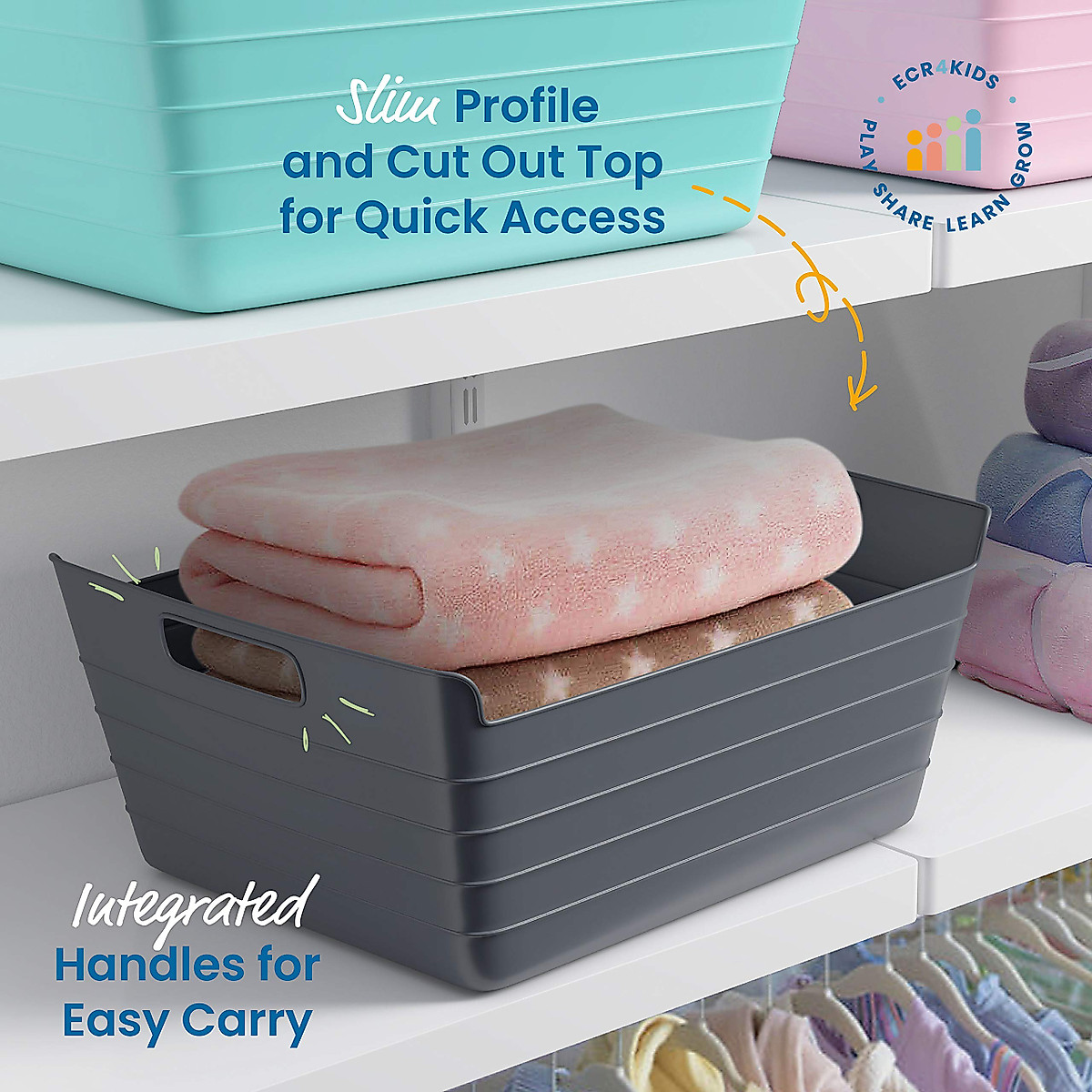 ECR4Kids Bendi-Bins with Handles, Flexible Plastic Storage Baskets for Multipurpose Use, Stackable Storage Organizer, 14.6in x 11.4in, 6-Piece - Pastel