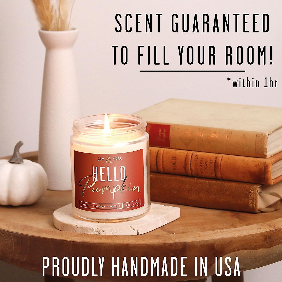 Fall Candles, Pumpkin Candle - 'Hello Pumpkin' Soy Pumpkin Spice Candle I Infused with Essential Oils I Fall Candle Decor, Fall Scented Candle I 9oz Reusable Jar I 50 Hour Burn I Made in USA