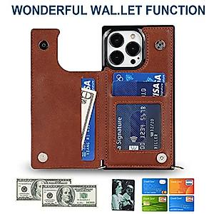 DEFBSC Compatible with iPhone 13 Pro Max Case, Crossbody Wallet Case, Adjustable Detachable Lanyard Neck Strap with Kickstand Leather Card Holder Protective Cover-Brown