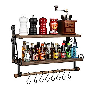 Halcent Floating Shelves Wall Mounted Storage Shelves, 2-Tier Rustic Farmhouse Wood Wall Shelf Kitchen Spice Rack Bathroom Shelf with Towel Bar and 8 Hooks
