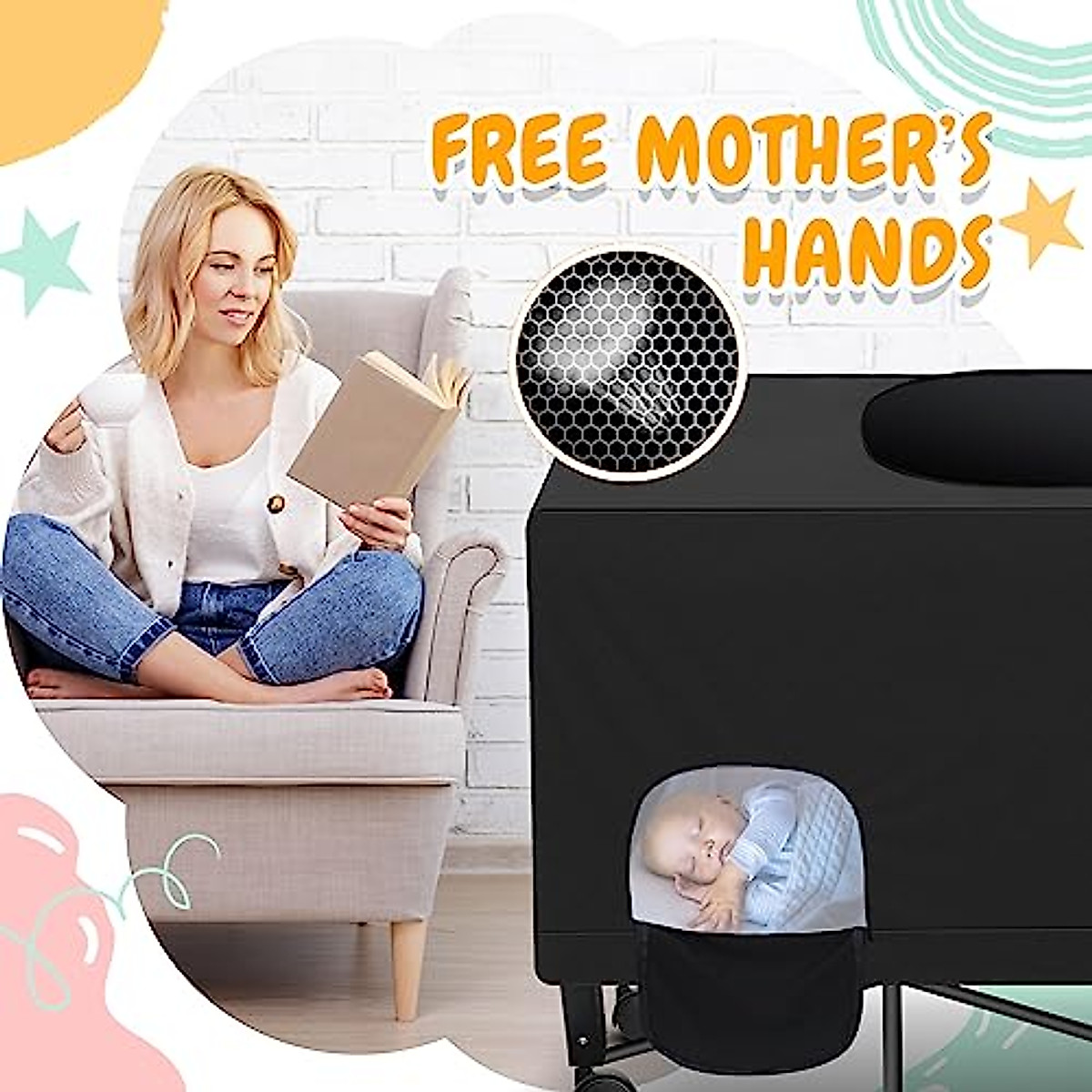 Preboun 2 Pcs Blackout Cover Compatible with Pack N Play, Black Crib Canopy Cover Breathable Travel Netting Tent Portable Stretchy Netting Cover for Indoor Outdoor Playard to Sleeping or Play