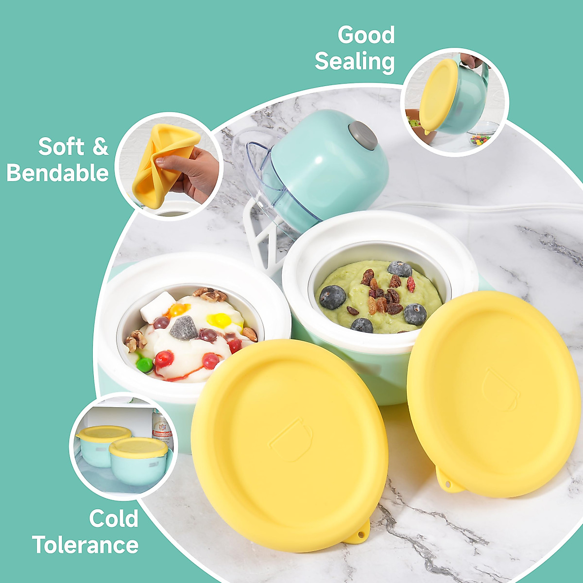 PUREKRA 2PCs Silicone Lids for Dash My Mug Ice Cream Maker, Silicone Bowl Covers for Dash Ice Cream Maker Mug, Ice Cream Storage Lids, Food-grade, Reusable, Freezer Dishwasher Safe (Bowl NOT Included)