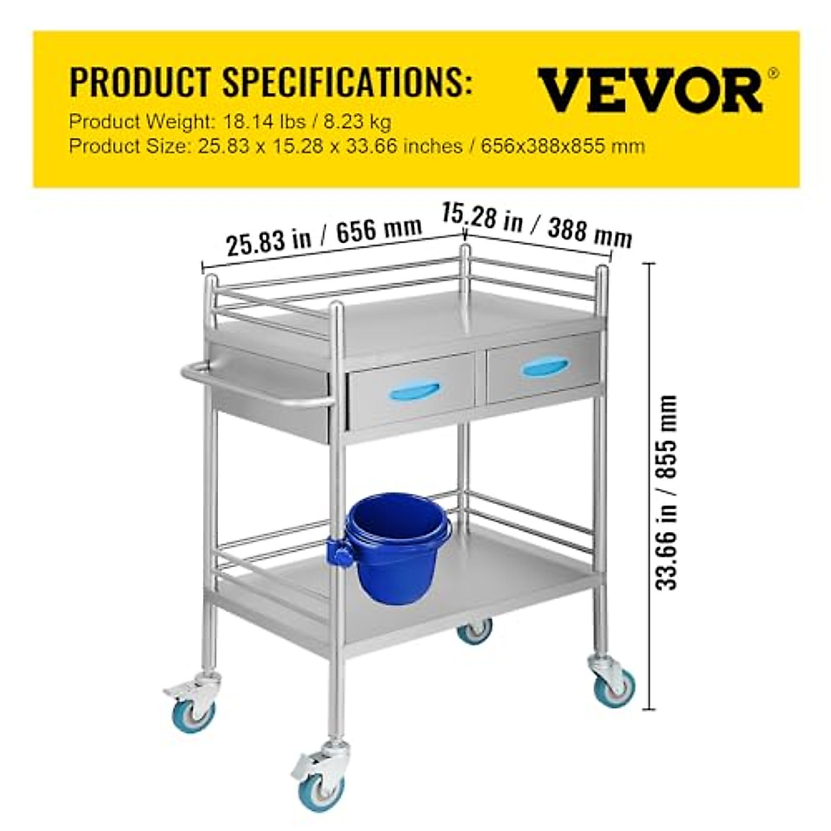 VEVOR Lab Serving Cart, 2 Layers Stainless Steel Utility Rolling Cart, Medical Cart with Two Drawers, Dental Utility Cart with Lockable Wheels and A Bucket, for Laboratory, Hospital, Dental Use
