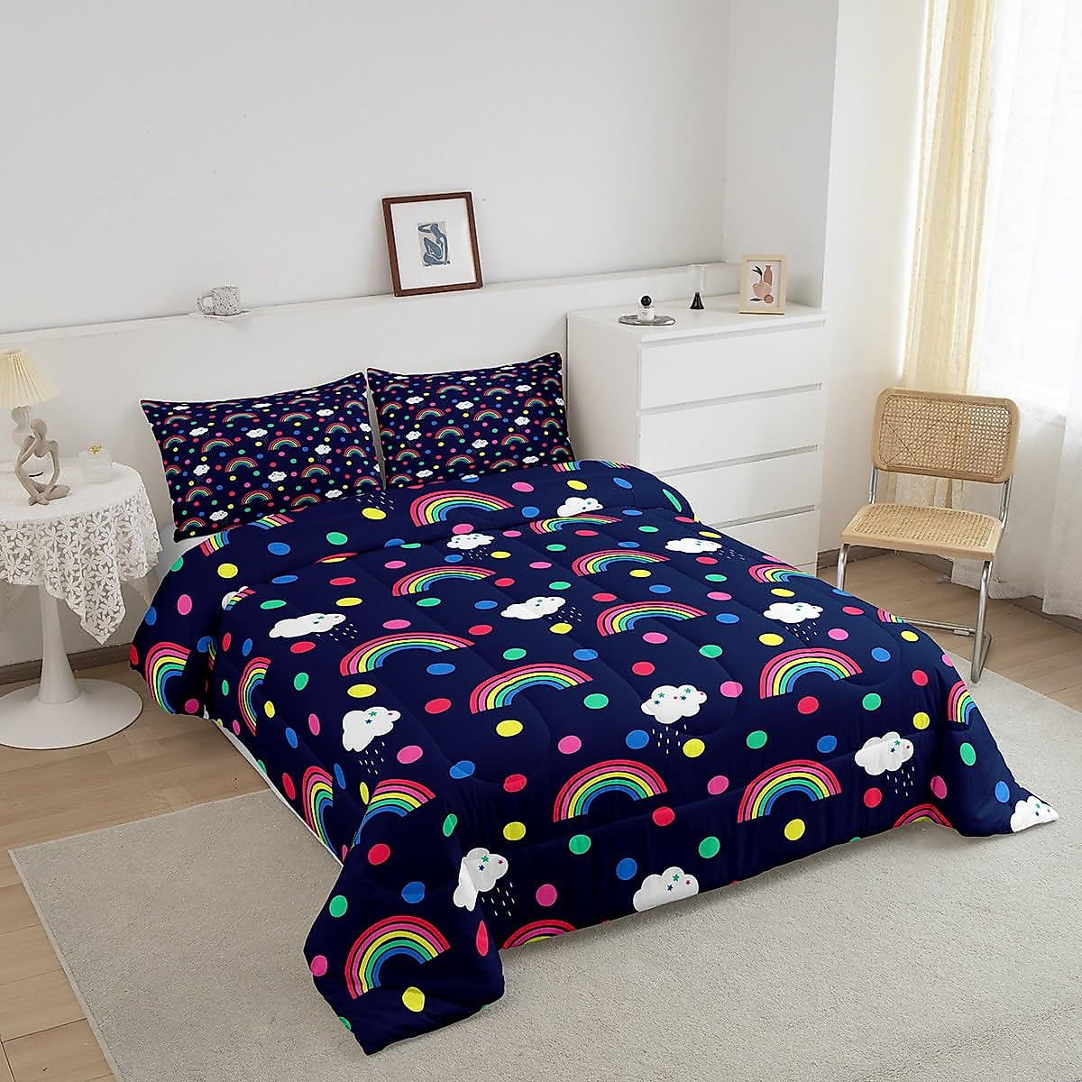 Full Size Cute Rainbow Bedding Set Boys Girls Lovely Kids Rainbows Comforter Set for Kids Women Men Ultra Soft Kawaii Cloud Rainbow Comforter Polka Dots Duvet Set Room Decor Quilt Set